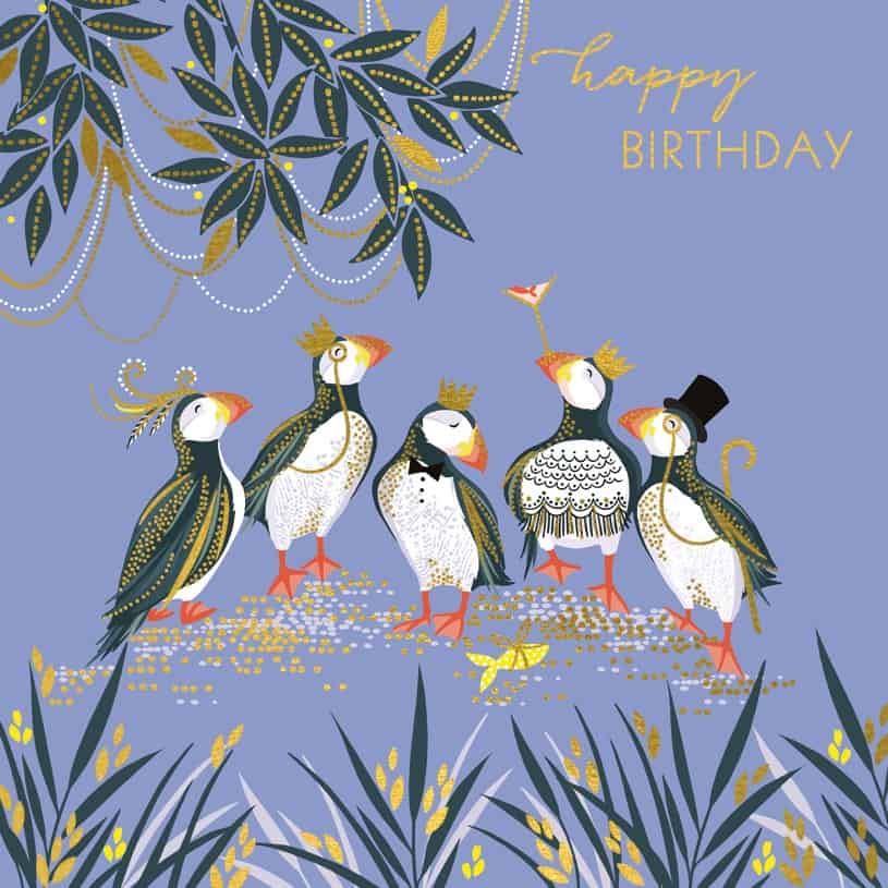 Puffins in crowns happy birthday Sara Miller card – The Wraperie